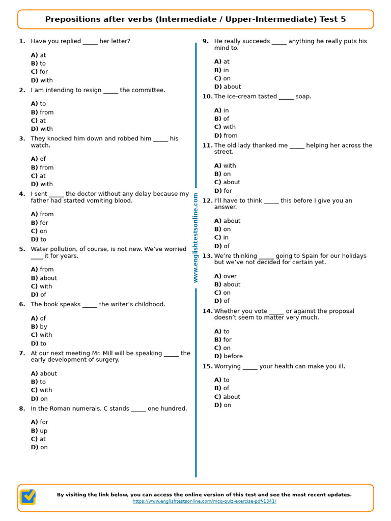 1341 - Prepositions After Verbs Intermediate Upper Intermediate Test 5 ...