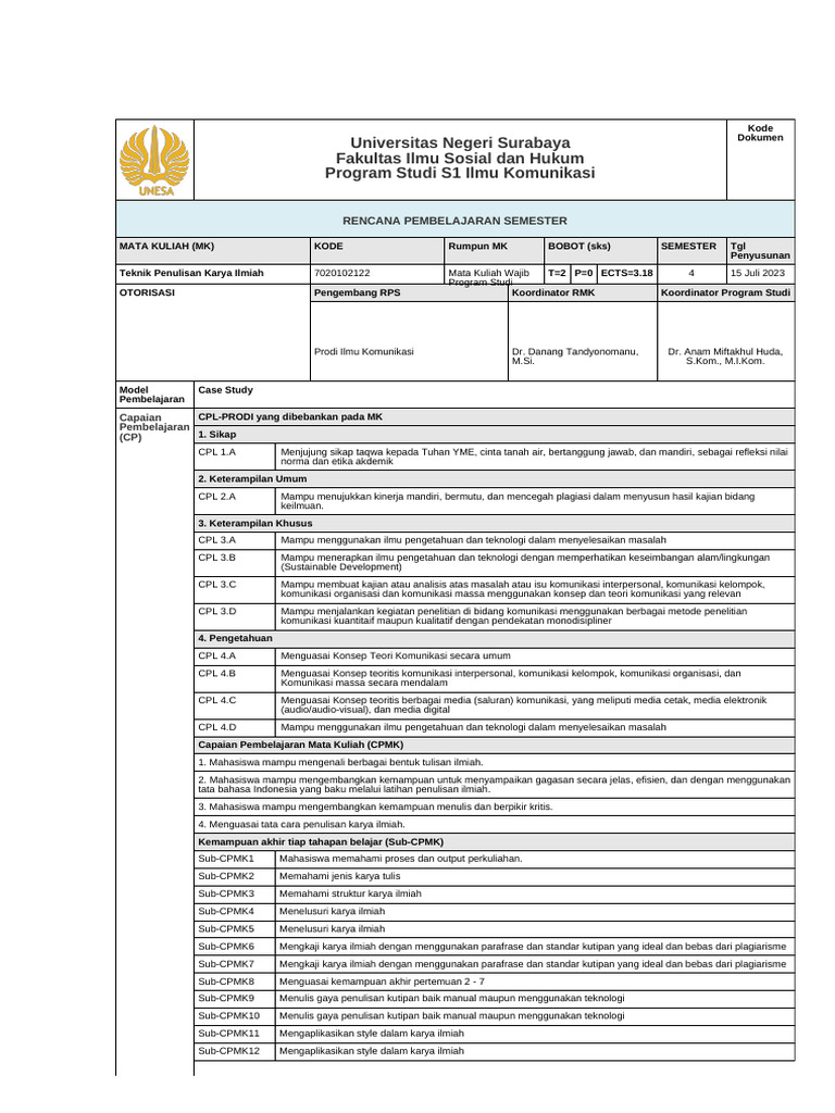 RPS Teknik Penulisan Karya Ilmiah | PDF | Karier & Perkembangan | Seni