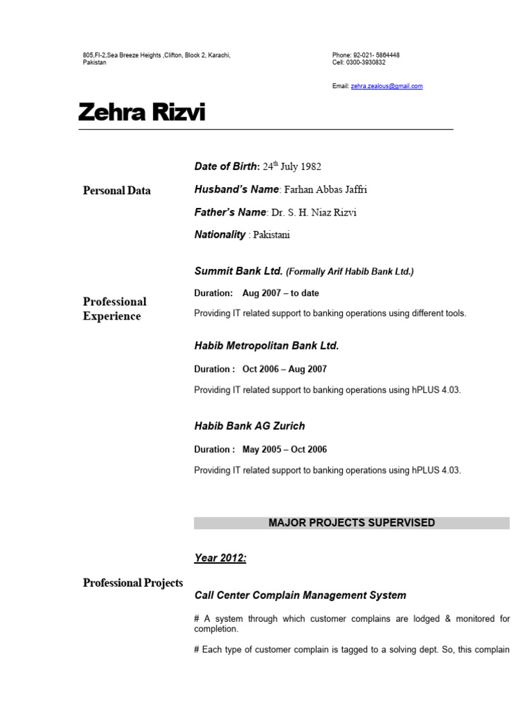 CV Zehra Rizvi | PDF | Point Of Sale | Automated Teller Machine