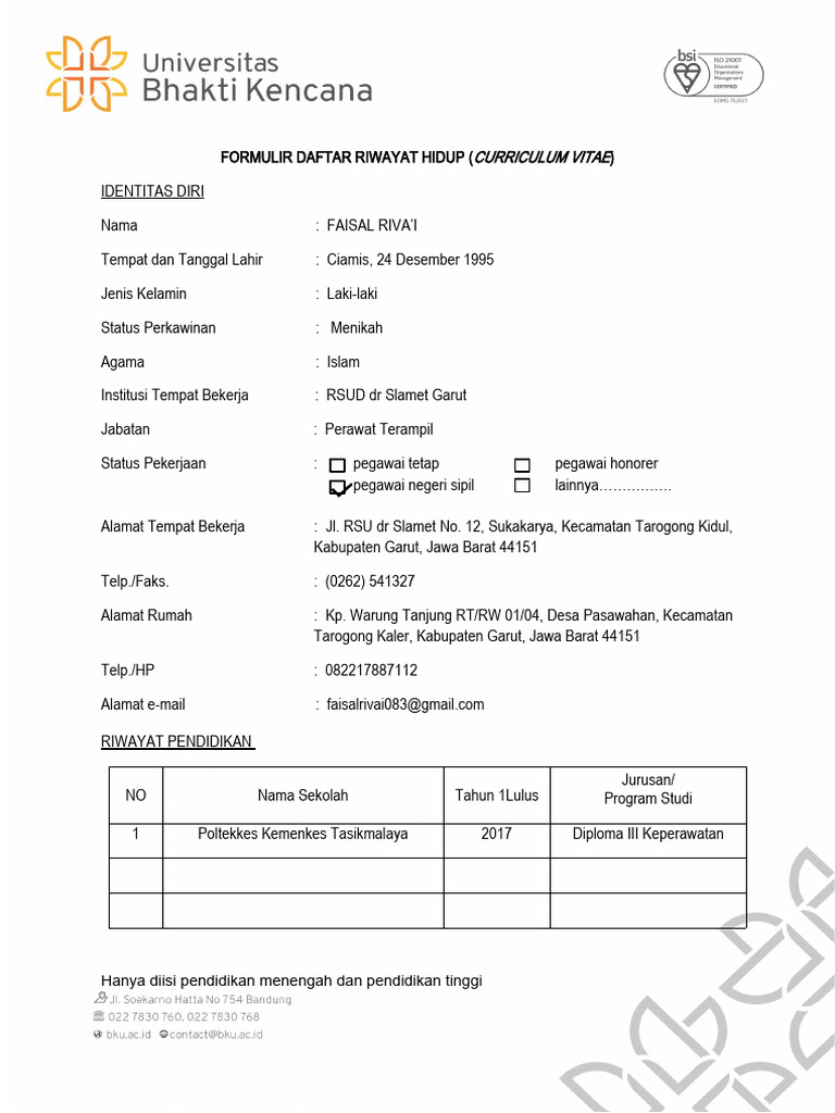 Formulir Daftar Riwayat Hidup Pemohon Kuliah Bakti Kencana Faisal | PDF