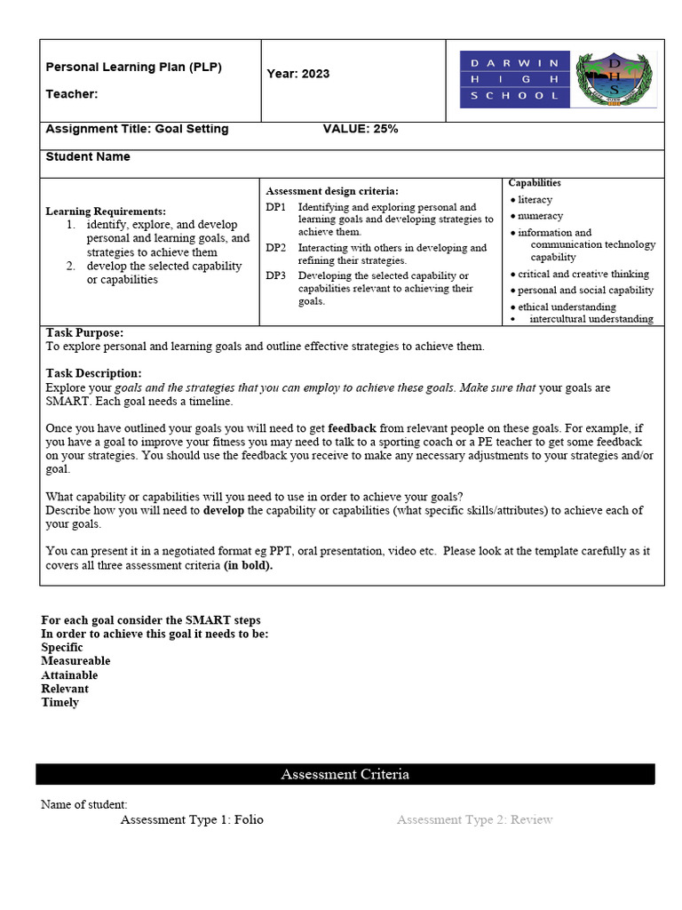 Goal Setting Task Sheet For OFFLINE PLP | PDF | Goal | Learning