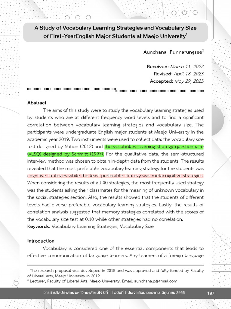 197-215 A Study of Vocabulary Learning Strategies | PDF | Vocabulary | Learning