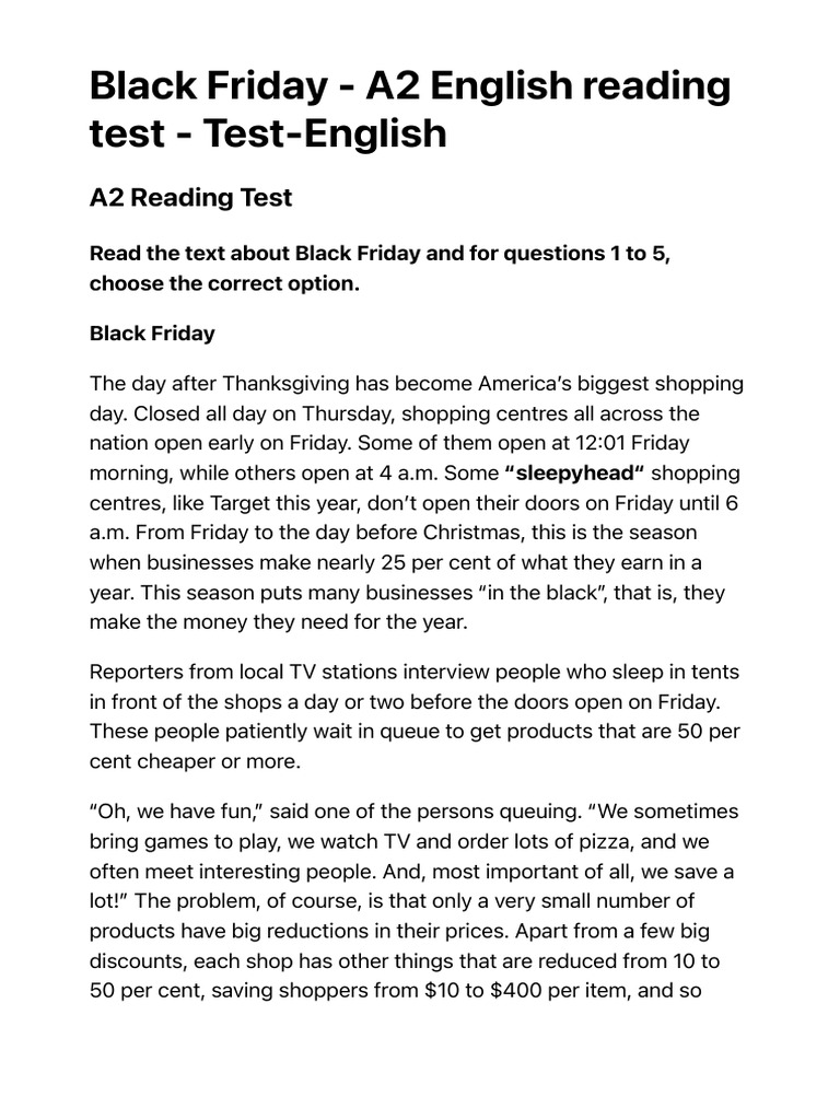 Black Friday - A2 English Reading Test - Test-English | PDF