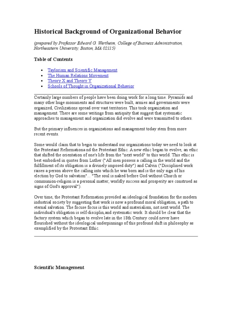 Historical Background of Organizational Behavior | PDF | Motivation ...