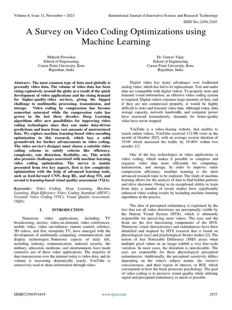 A Survey On Video Coding Optimizations Using Machine Learning | PDF | Data Compression | Video