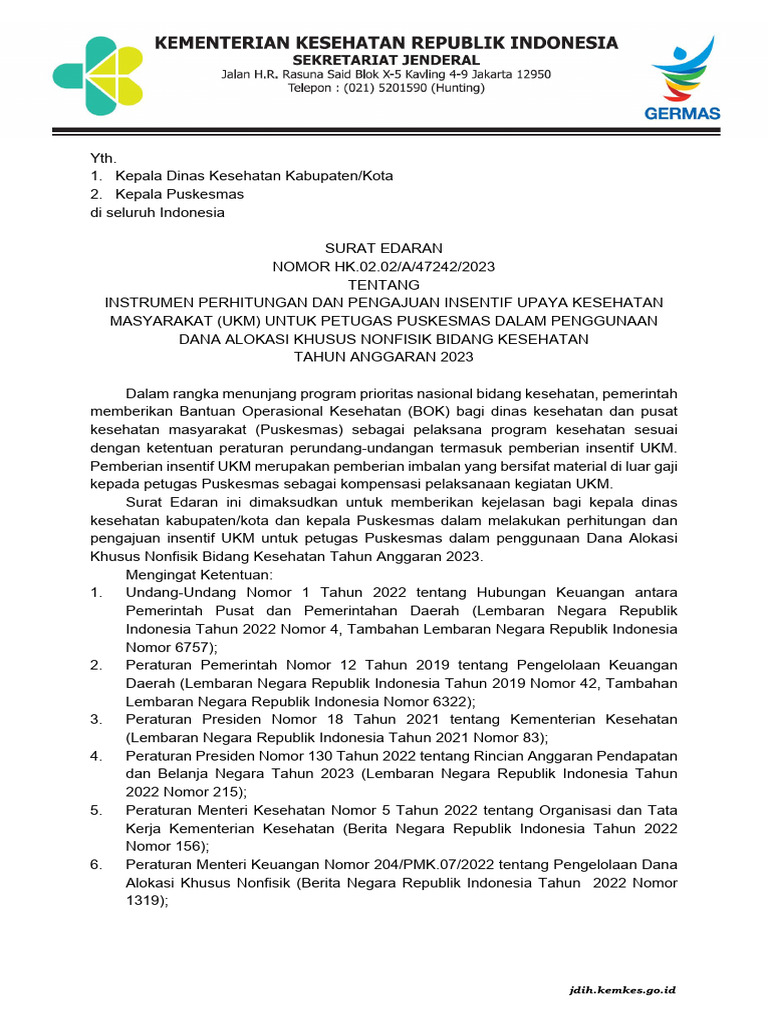 SE No. HK.02.02-A-47242-2023 TTG Instrumen Perhitungan Dan Pengajuan Insentif UKM Petugas ...