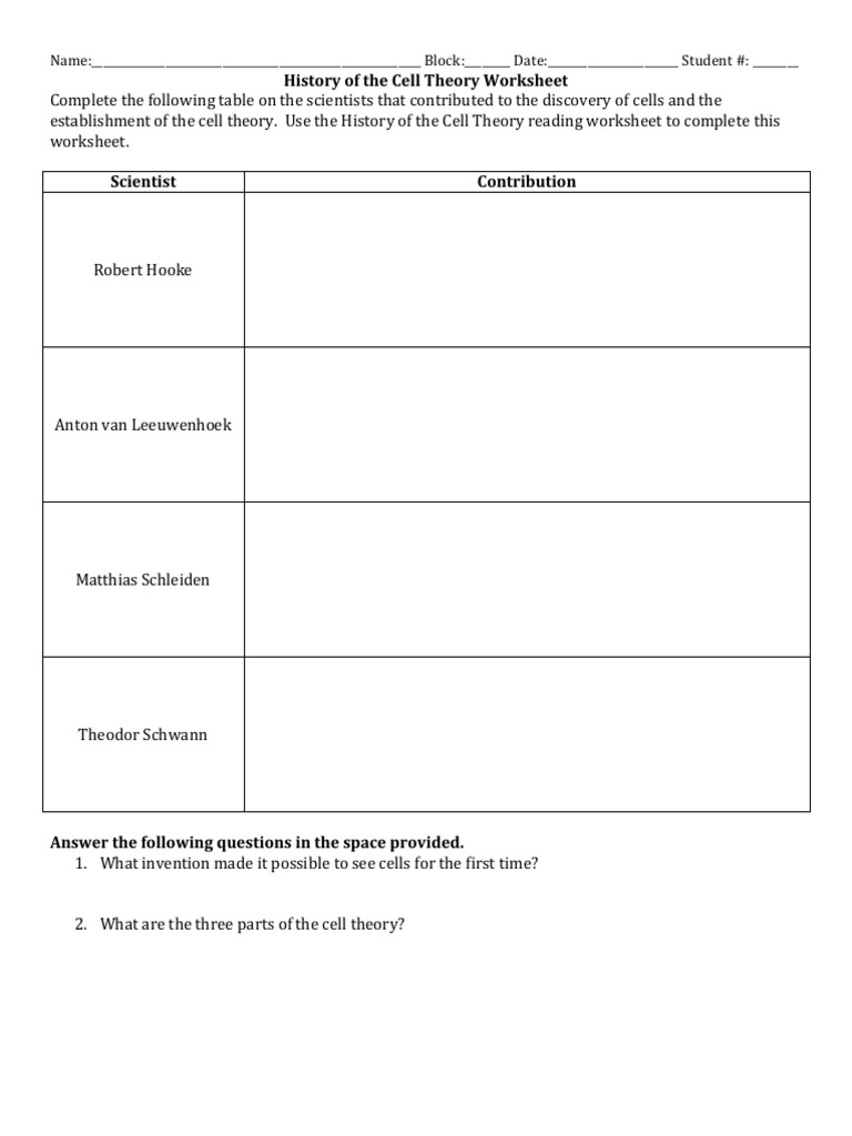 History of the Cell Theory Worksheet | PDF