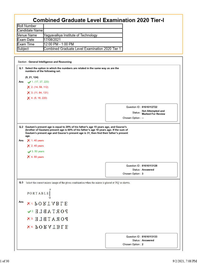 CGL 2020 Tier 1 Exam Question Paper | PDF