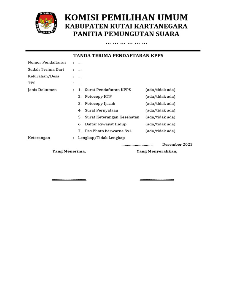 Tanda Terima Pendaftaran KPPS | PDF