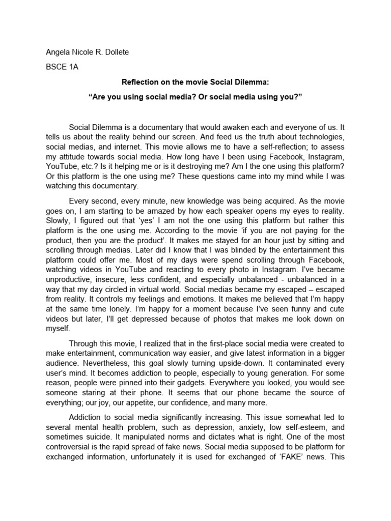 Reflection On The Movie Social Dilemma | PDF | Social Media | Popular ...