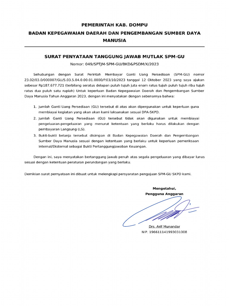 Pernyataan Pengajuan SPM-GU - 049 - SPTJM-SPM-GU - BKD&PSDM - X - 2023 | PDF