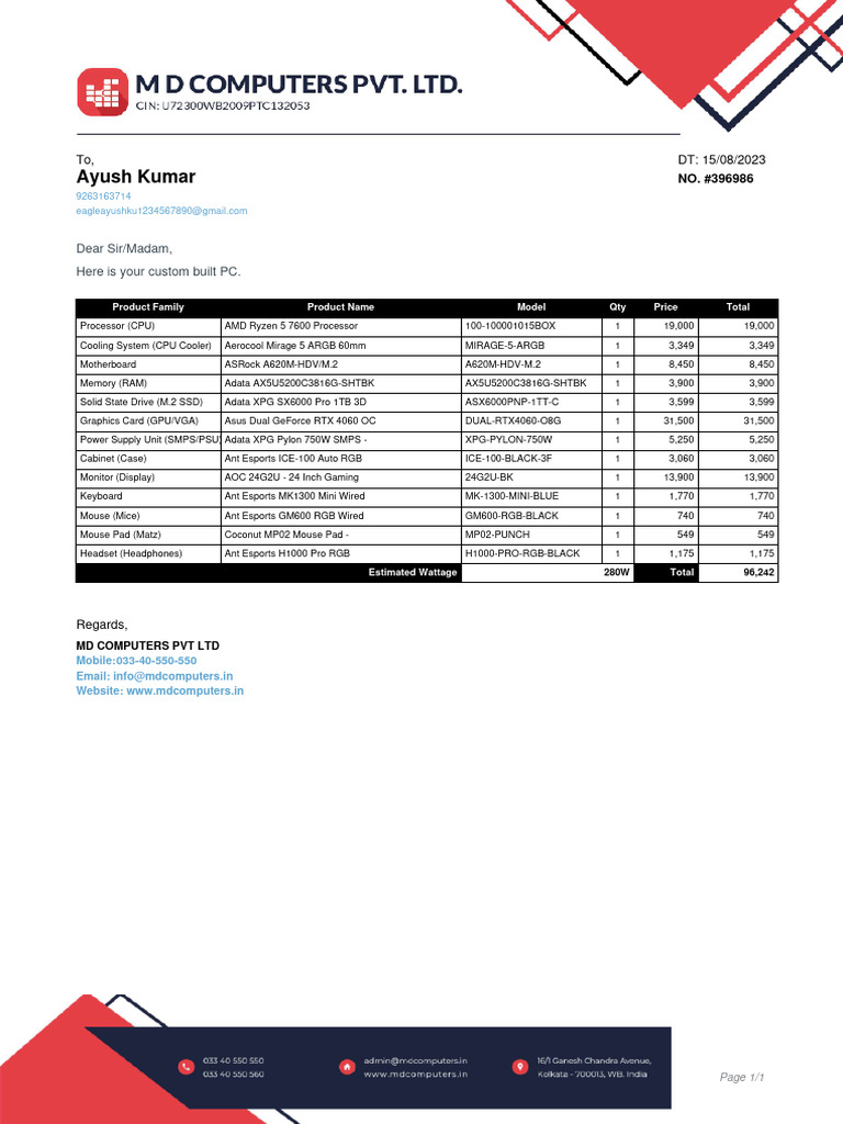 Custom Built PC Invoice - MD Computers | PDF | Manufactured Goods | Computer Hardware