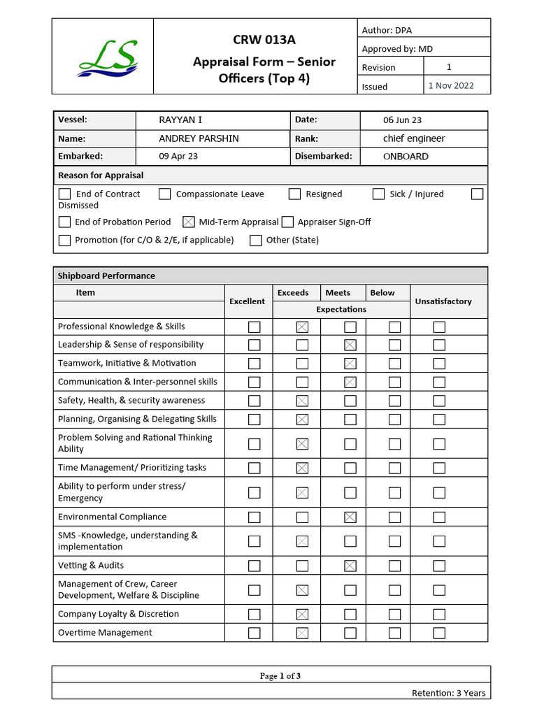 Senior Officer Appraisal Form | PDF