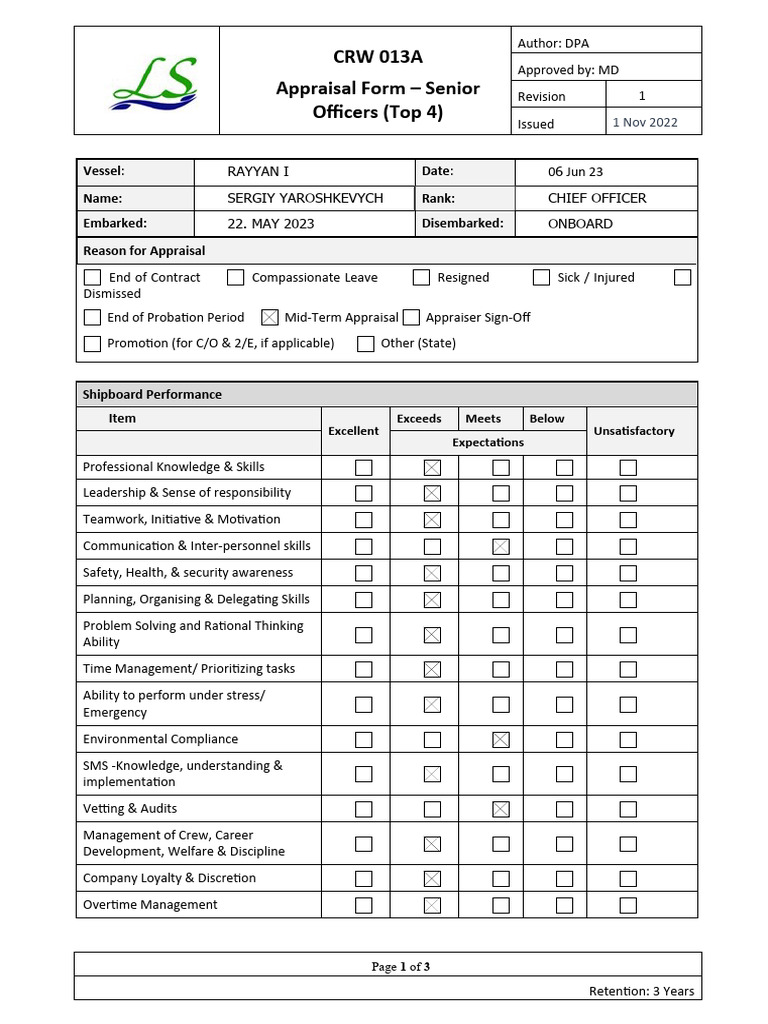 CRW 013A Appraisal Form - Senior Officers CO | PDF