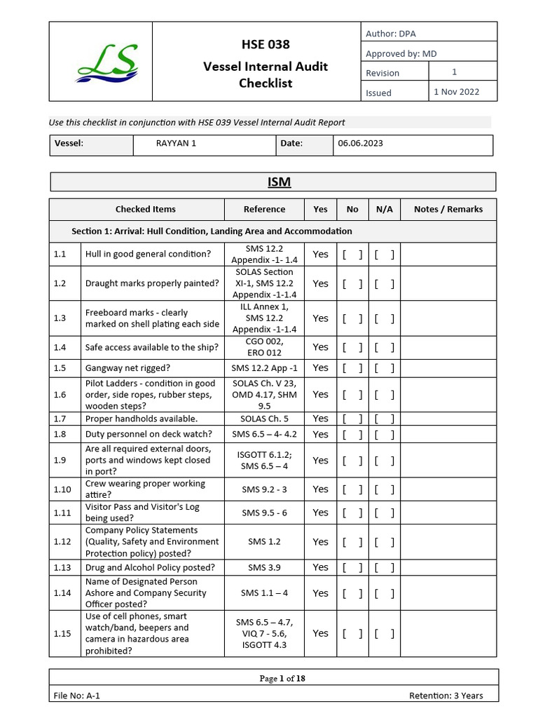 HSE 038 Vessel Internal Audit Checklist | PDF