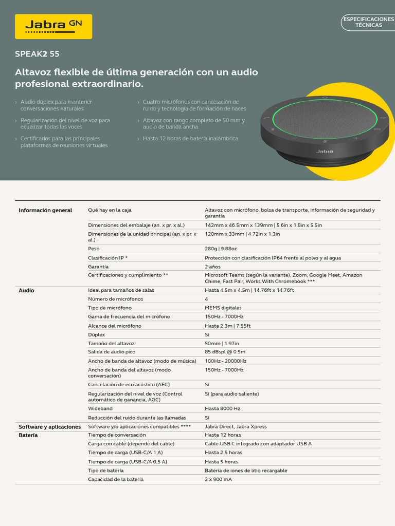 ES Jabra Speak2 55 Techsheet A4 170523 Web | PDF | Bluetooth | Micrófono