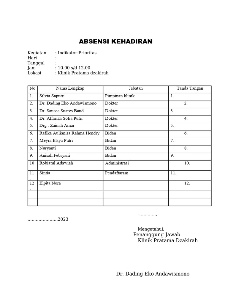 Form Absensi Klinik Pratama Dzakirah | PDF | Griya & Taman | Kesehatan ...