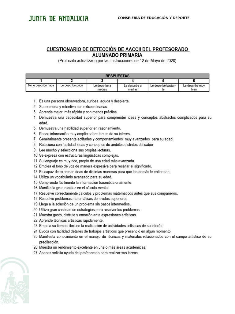 Cuestionario AACC Profesorado PRIMARIA 2 | PDF | Ciencia cognitiva | Cognición