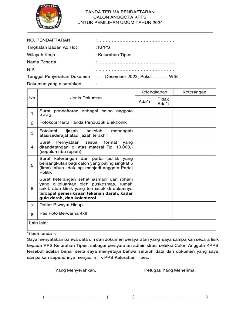 Tanda Terima Dokumen Pendaftaran -KPPS | PDF