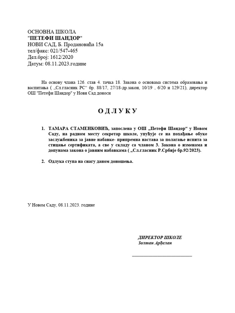 Odluka o Upućivanju Na Obuku - Stamenković | PDF