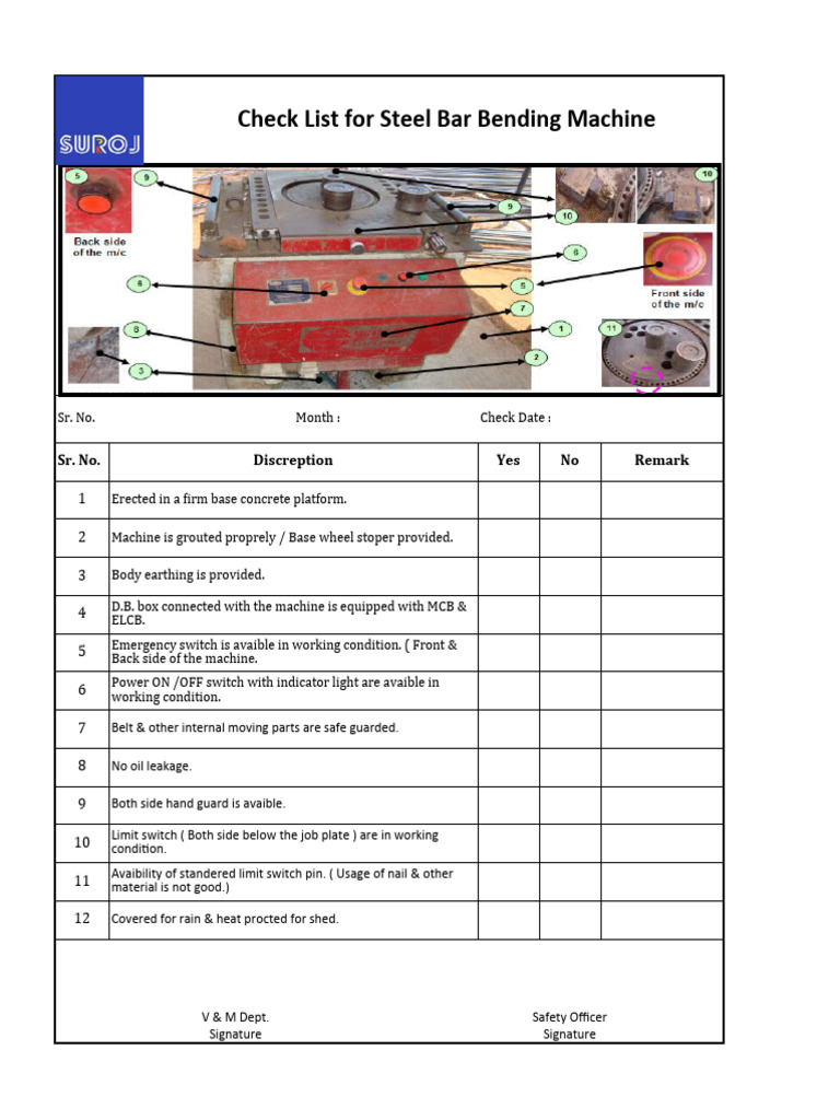 Bar Bending Machine Checklist | PDF