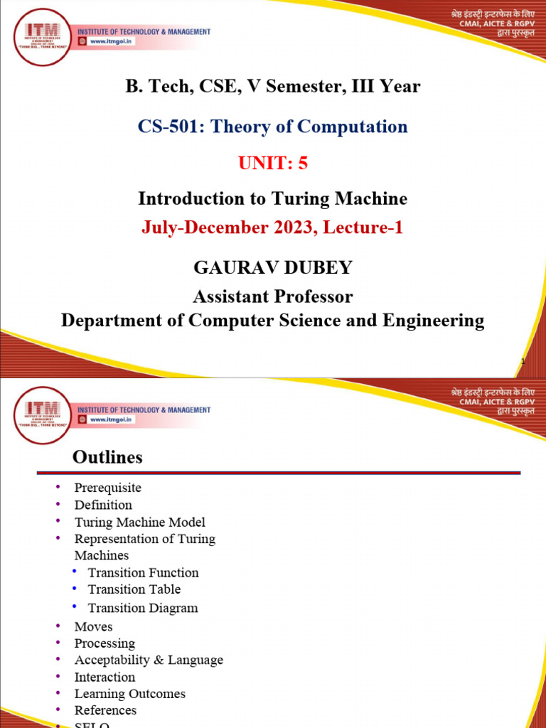 Lecture-1 Introduction To Turing Machine | PDF | Teaching Methods & Materials