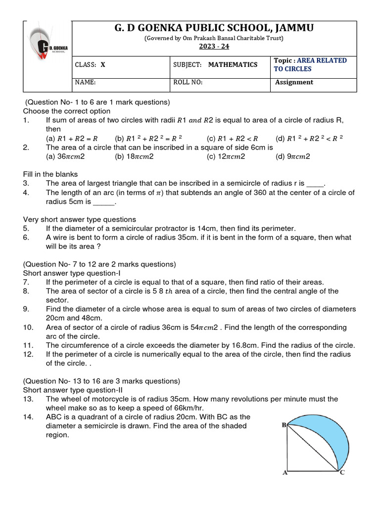 AREA RELATED TO CIRCLES CLASS 10 WORKSHEET 2 | PDF