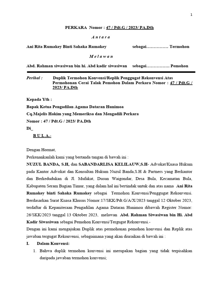 Duplik Termohon Cerai Fix | PDF