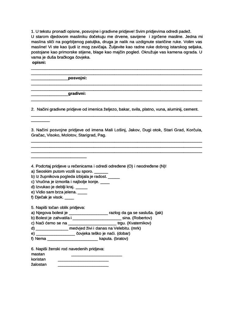 Pridjevi-Vjezba | PDF