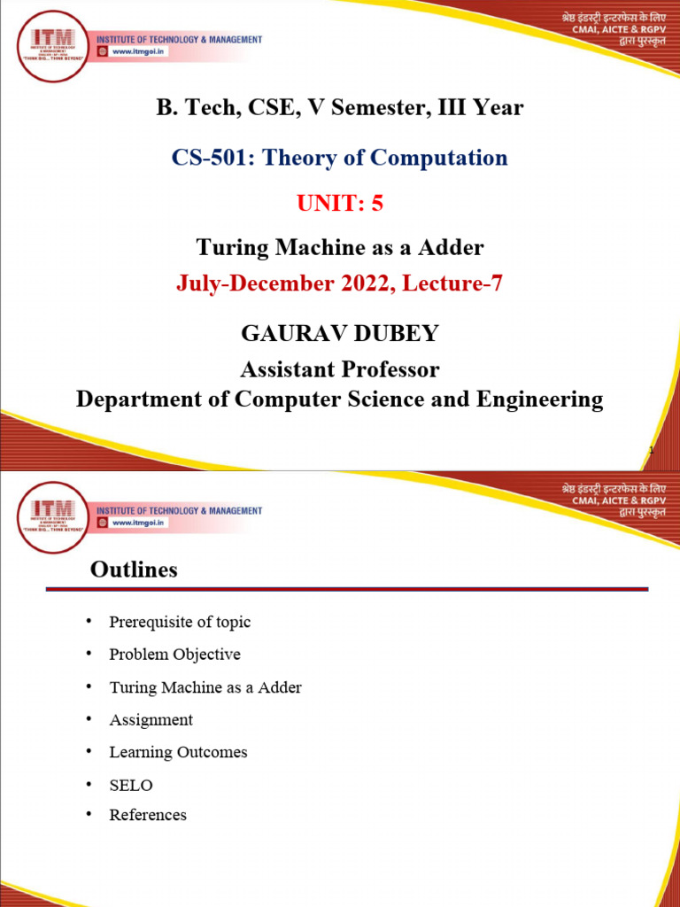 Lecture-7 Turing Machine As Adder | PDF | Logic | Cognition