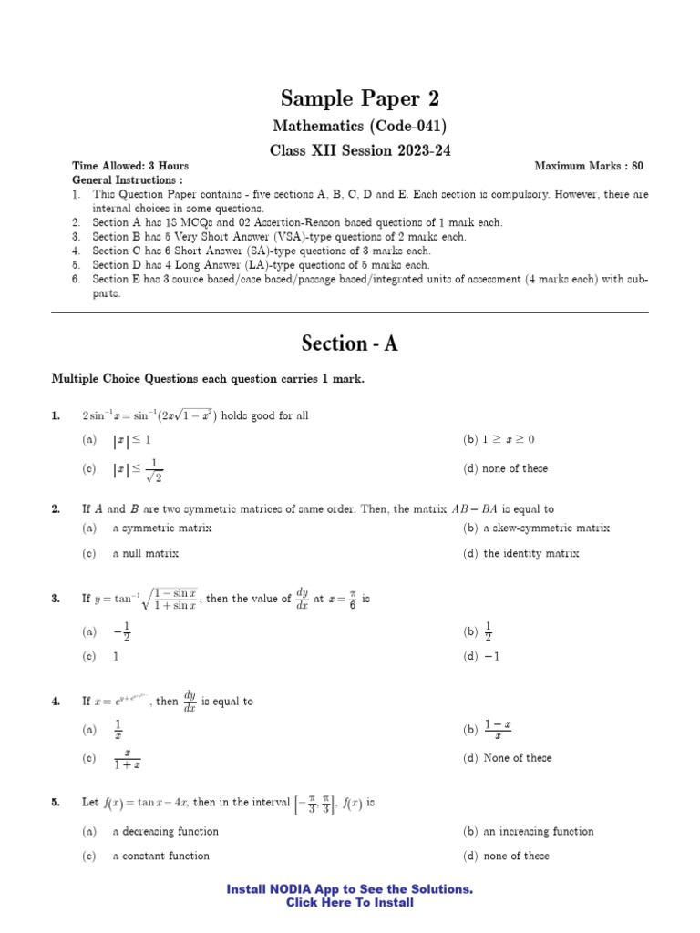MA Sample Paper 2 Unsolved | PDF | Algebra | Euclidean Geometry