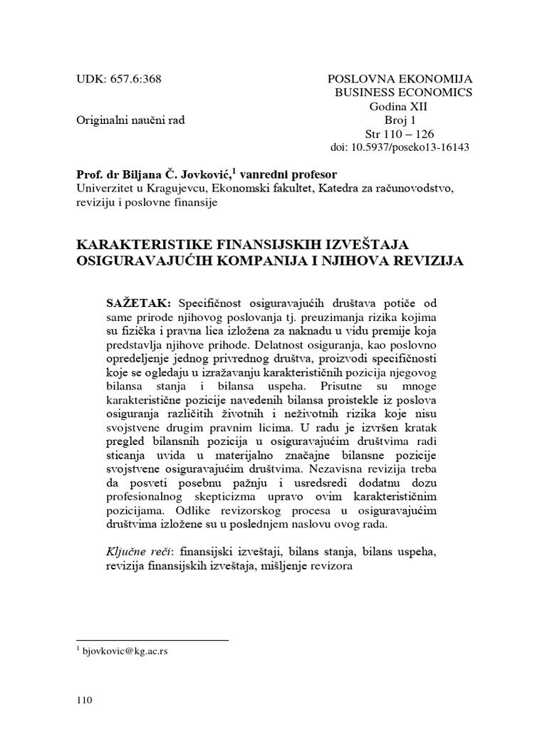 Jovkovic Biljana, Karakteristike Finansijskih Izvestaja Osiguravajucih Kompanija I Njihova ...