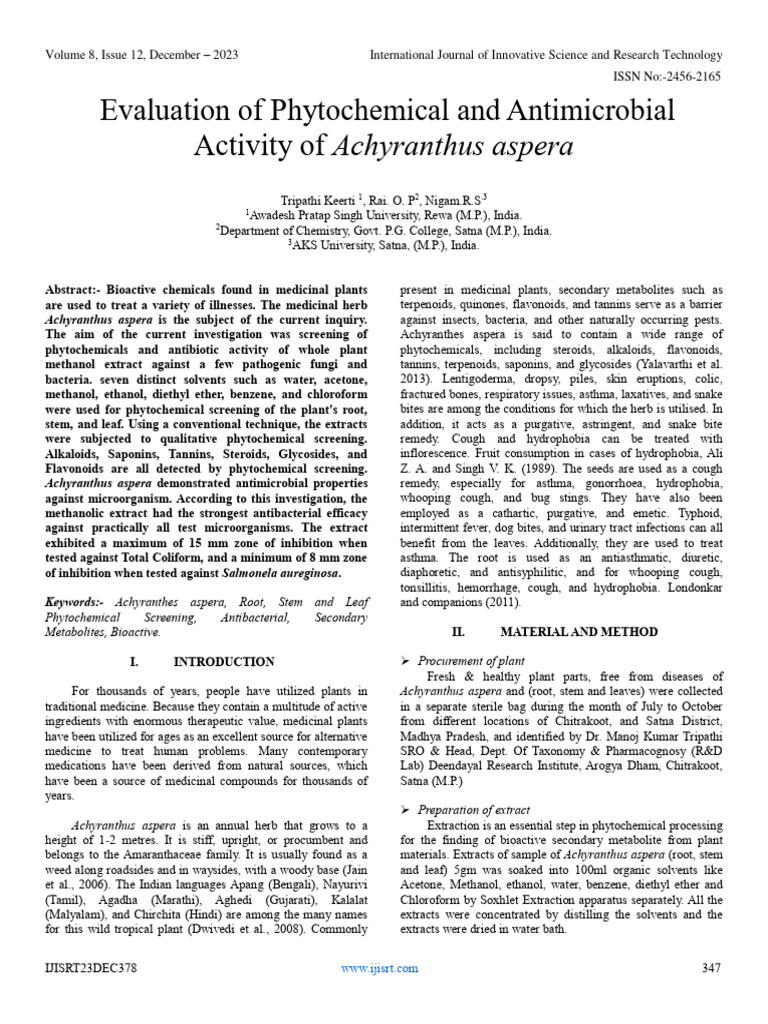 Antimicrobial Study of Achyranthus Aspera | PDF | Antimicrobial | Flavonoid