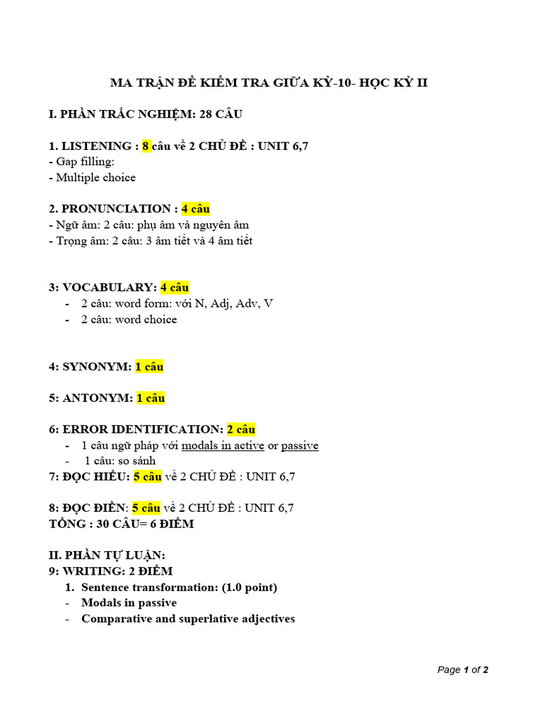 Chuẩn Ma Tran Ktra Giua Ky II Lop 10 1 | PDF