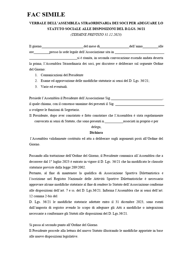 Fac Simile Verbale Assemblea ASD Per Adeguamento Statuto D.lgs - 36 21 | PDF