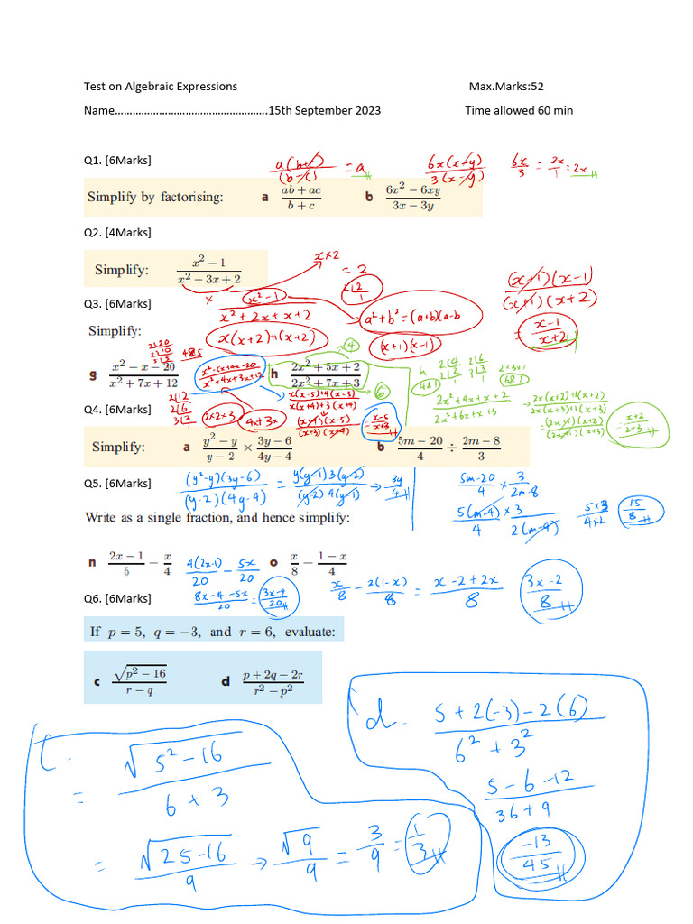 Test On Algebraic Expressions Grade 10 | PDF