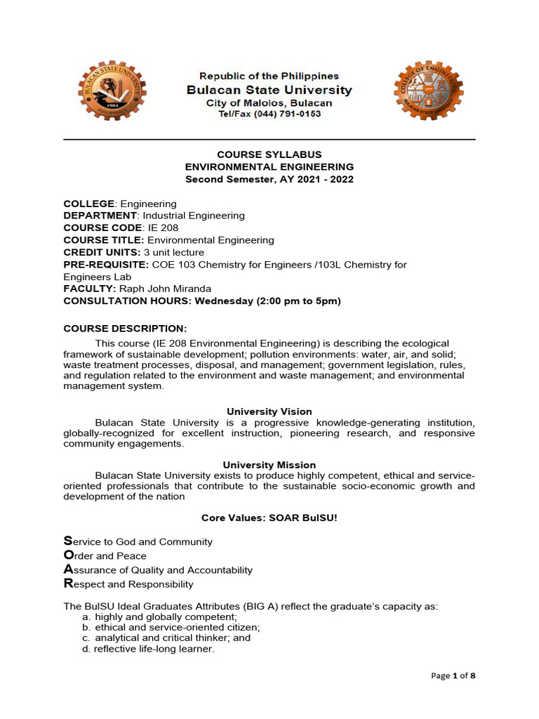 IE 208 Environmental Engineering Syllabus | PDF | Engineering | System