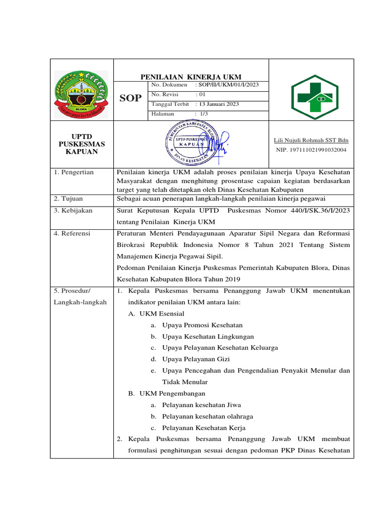 2.8.4.1.b Sop Penilaian Kinerja Ukm PKP 2019 | PDF | Pengembangan Diri | Kesehatan Holistik