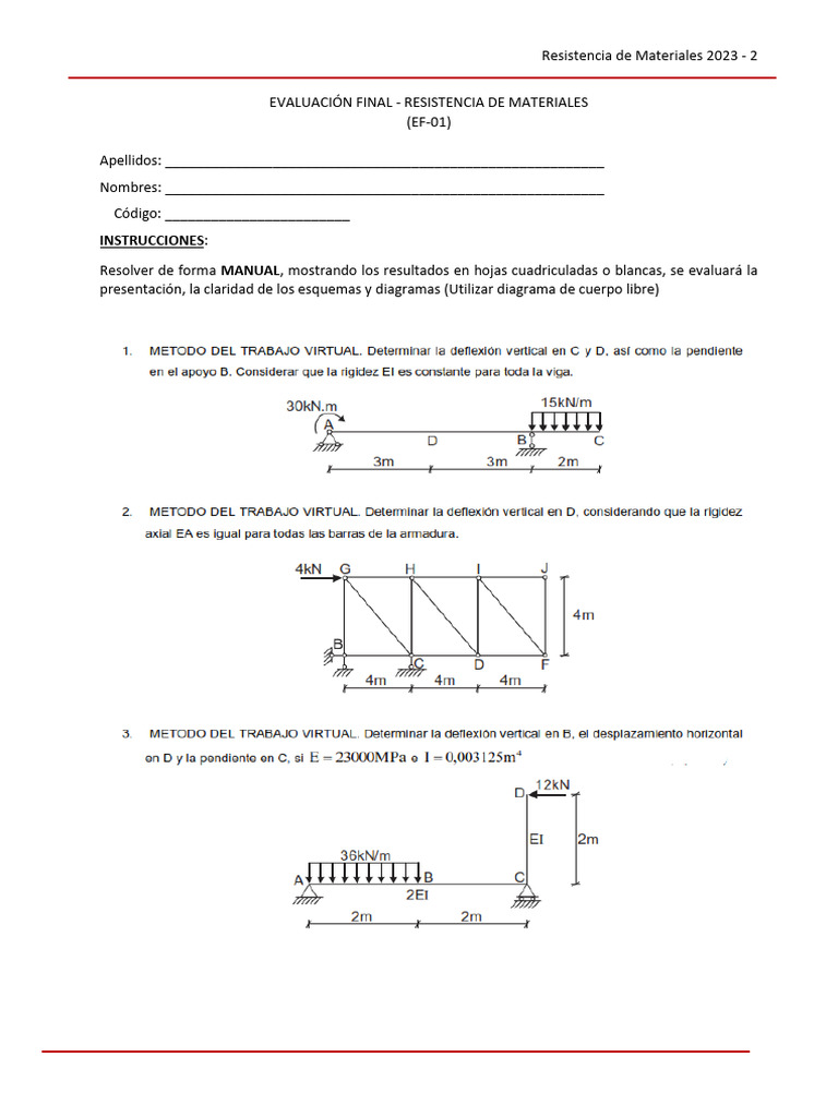 Evaluación Final de Resistencia de Materiales | PDF