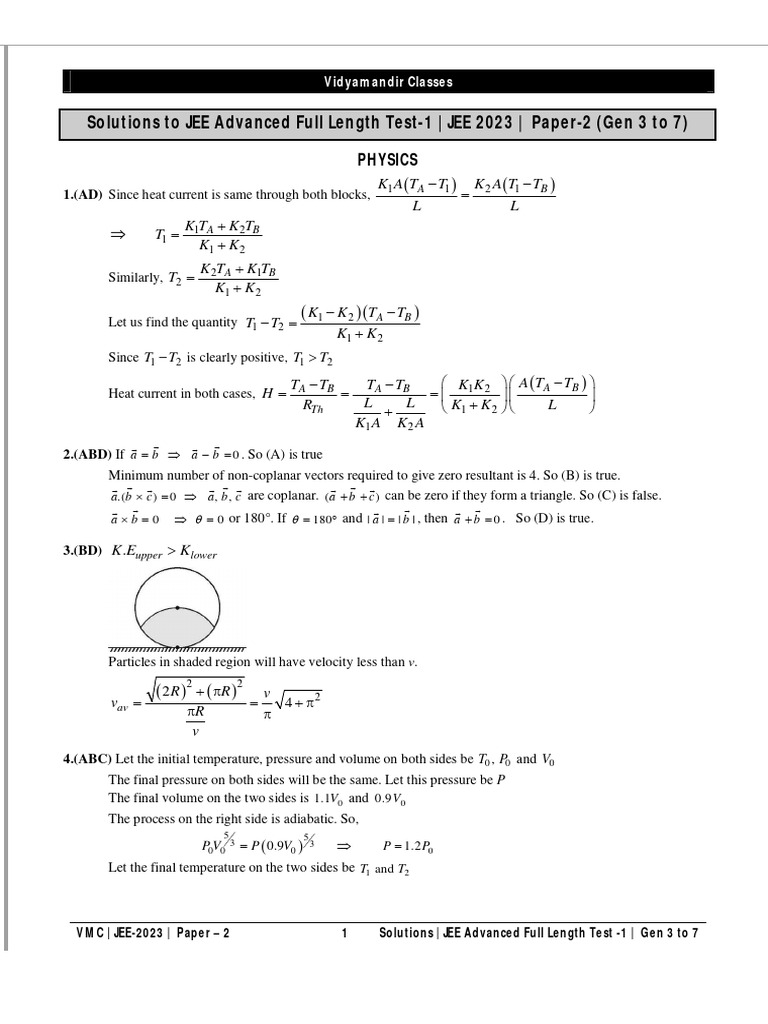 2023 JEE Advanced Full Length 1 PAPER 2 Solutions Gen 3 To 7 | PDF ...