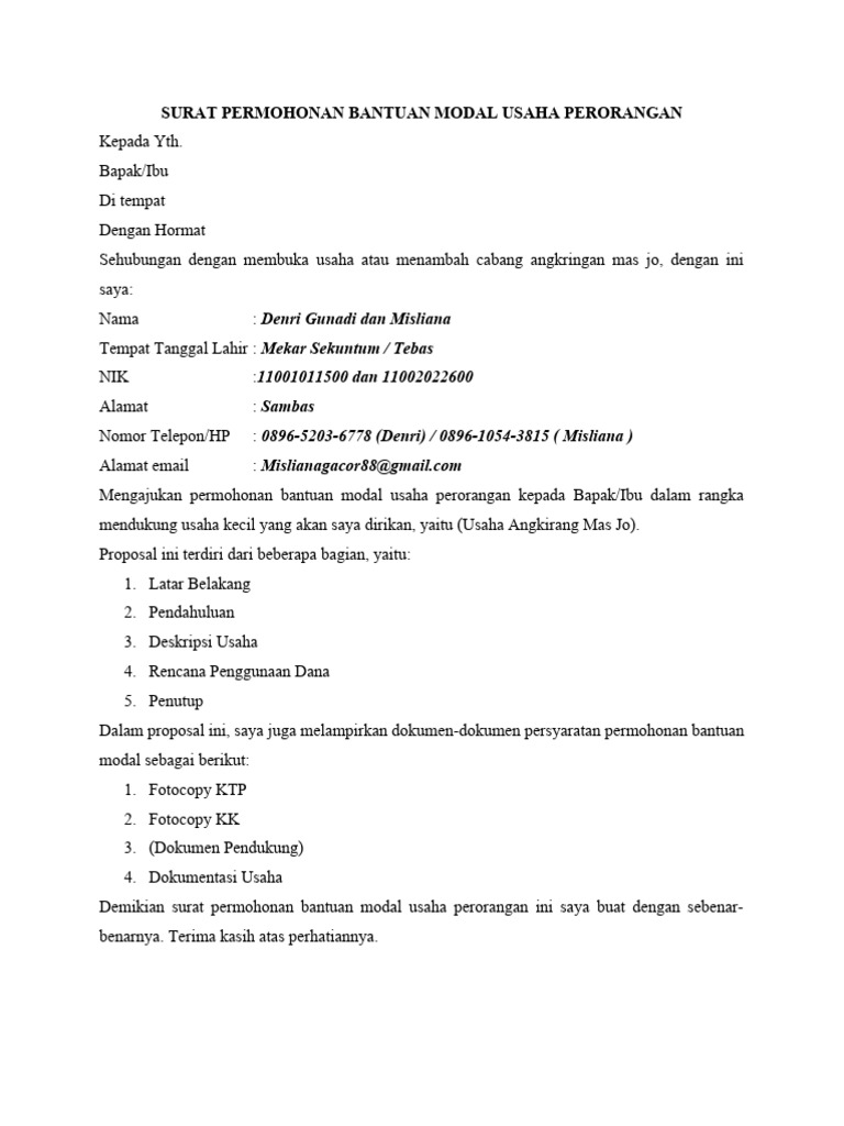 Surat Permohonan Bantuan Modal Usaha Perorangan-1 | PDF | Bisnis