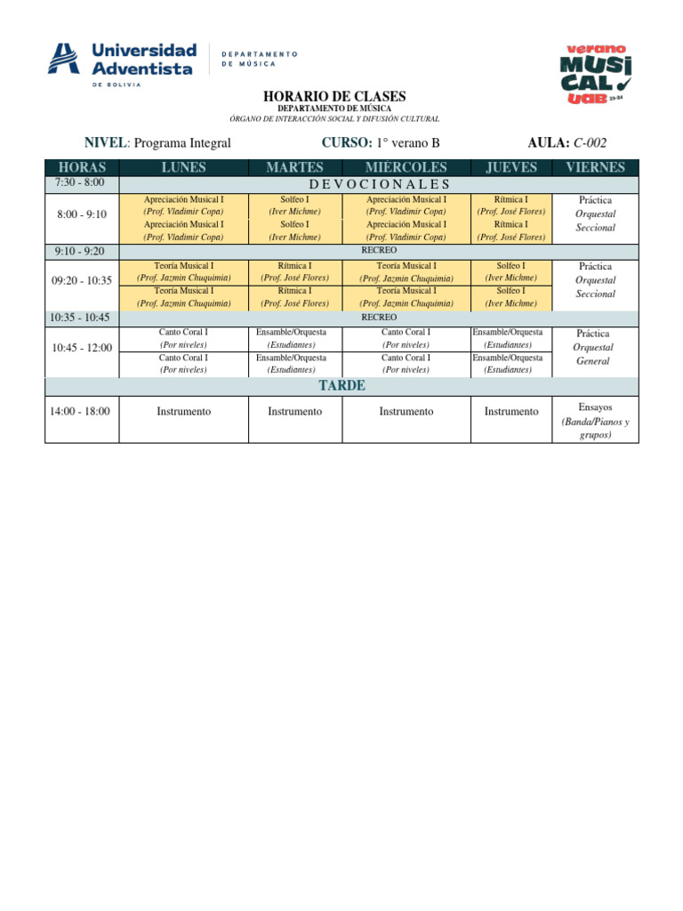 Horarios de Clases 1°VERANO B (Alumnos) | PDF | Teoría musical | Musicología