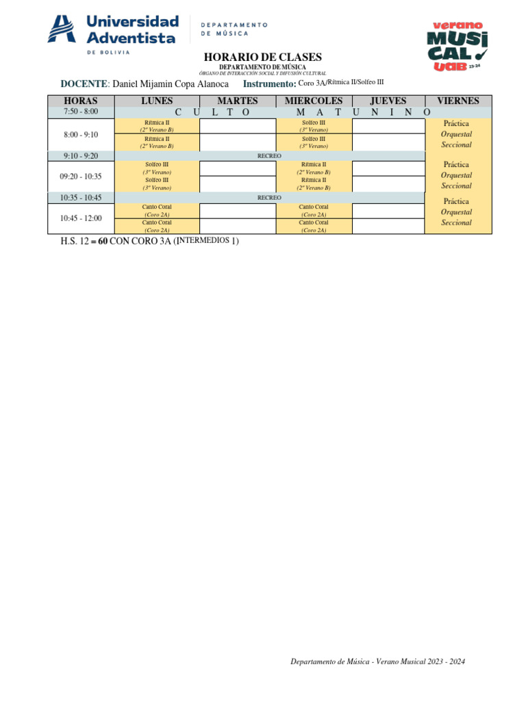 Horario de Clases 11 Mijamin Copa (Materias, Coro 3A) | PDF ...
