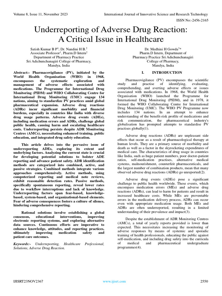 Underreporting of Adverse Drug Reaction: A Critical Issue in Healthcare ...