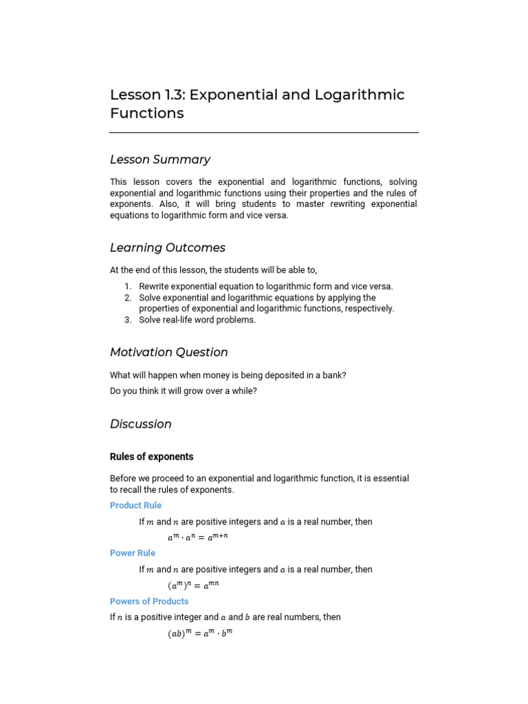 Lesson 1.3 Exponential and Logarithmic Functions | PDF | Logarithm | Exponentiation