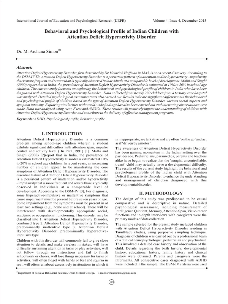 ADHD Behavioral Profile in Indian Children | PDF | Attention Deficit ...