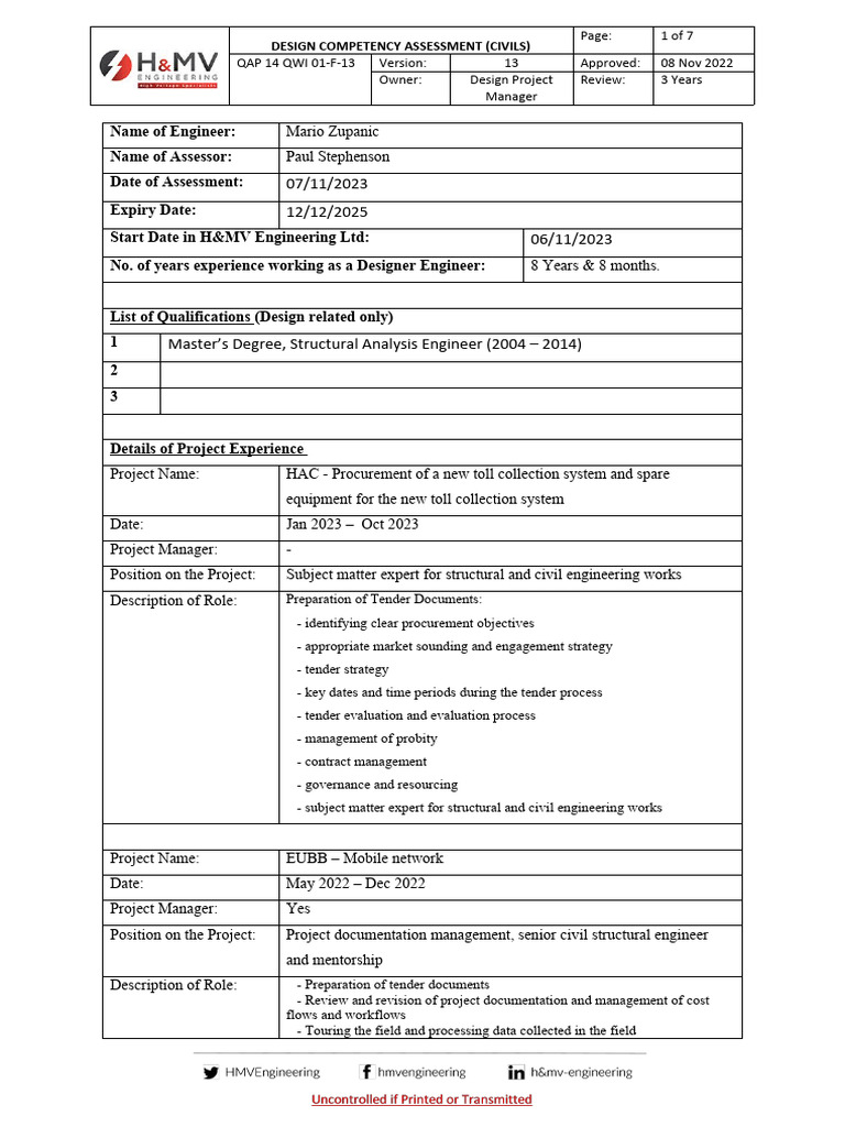 QAP 14 QWI 01-F-13 Design Engineer Competency Assessment (Civils) - MZ ...