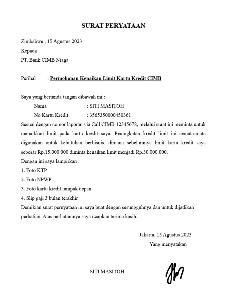 SURAT PERNYATAAN KENAIKAN LIMIT CIMB | PDF