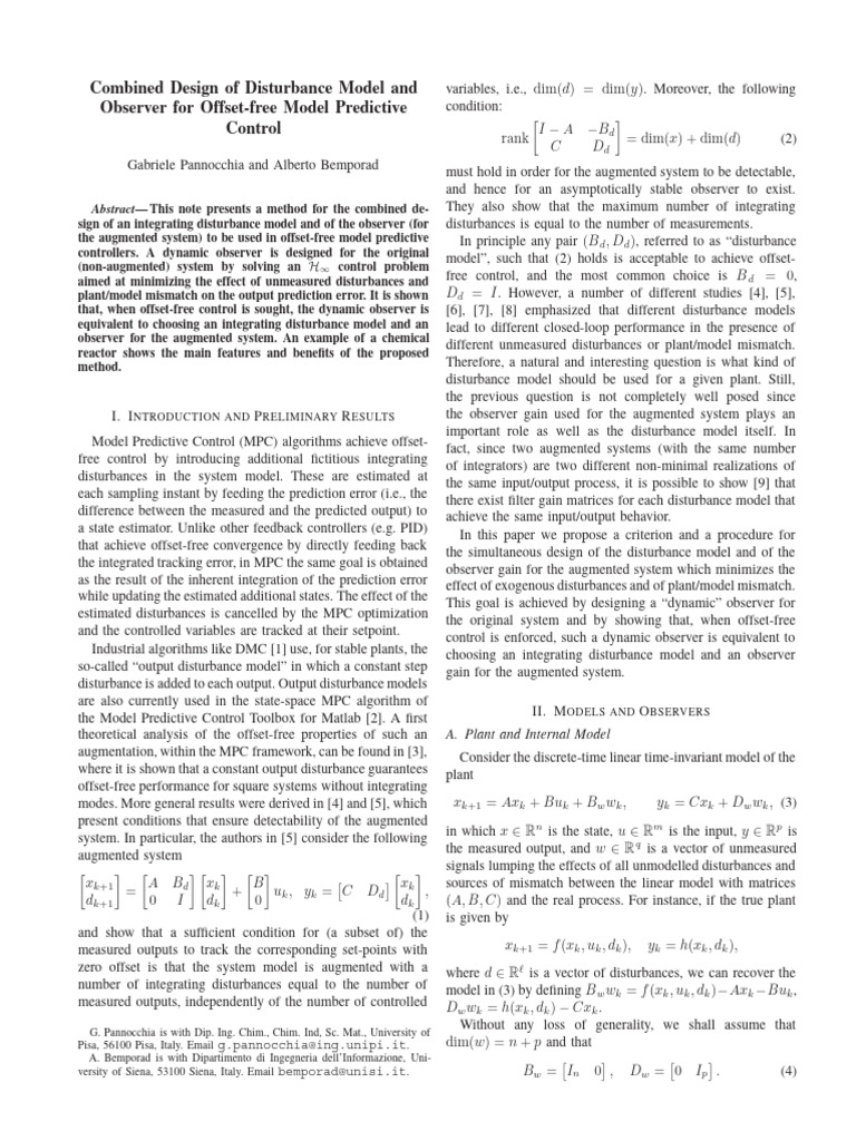 Combined Design of Disturbance Model and Observer For Offset-Free MPC | PDF | Control Theory ...