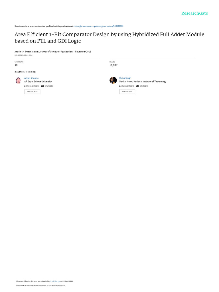 Area Efficient 1-Bit Comparator Design by Using Hy | PDF | Cmos | Logic Gate
